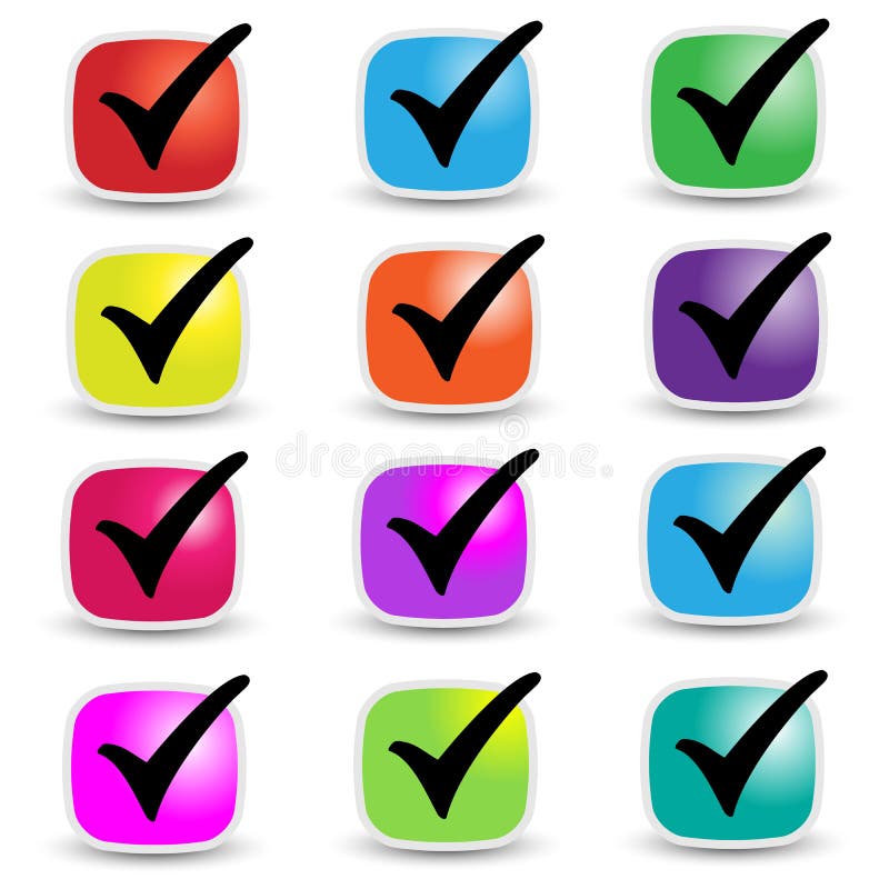 Checkmarks in Bright Colored Squares with Stickers and Shadows Stock ...