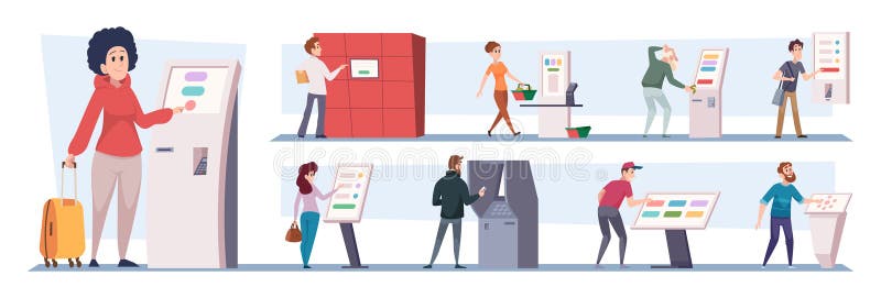 Checkout Post. People Using Money Checkout Terminal Exact Vector Self ...