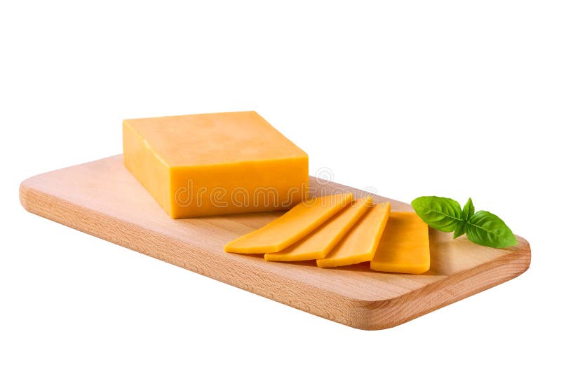 Cheddar Cheese Cut into Slices on a Cutting Board Isolated on a White ...