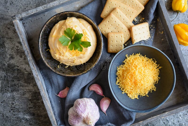Cheddar Cheese Dip with Garlic, Served with Crackers Stock Image ...