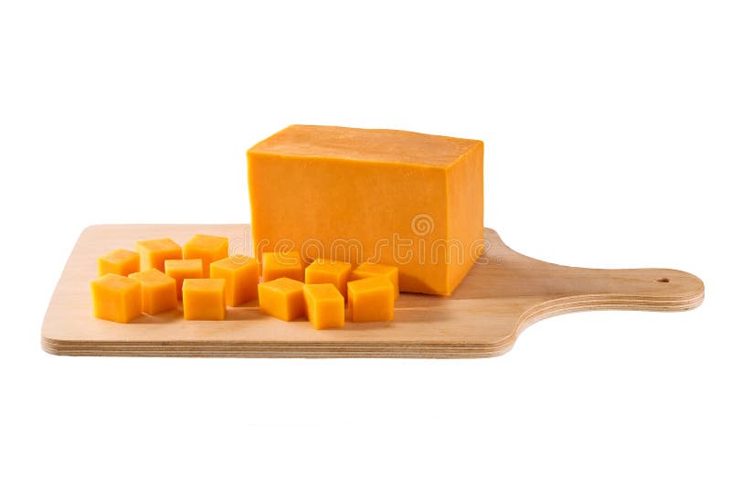 Cheddar Cheese Sliced into Cubes on a Cutting Board Isolated on a White ...