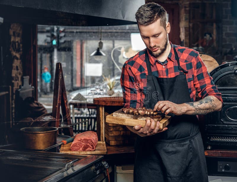 Cheef Cook Prepairing a Meat on a Kitchen. Stock Image - Image of bread ...