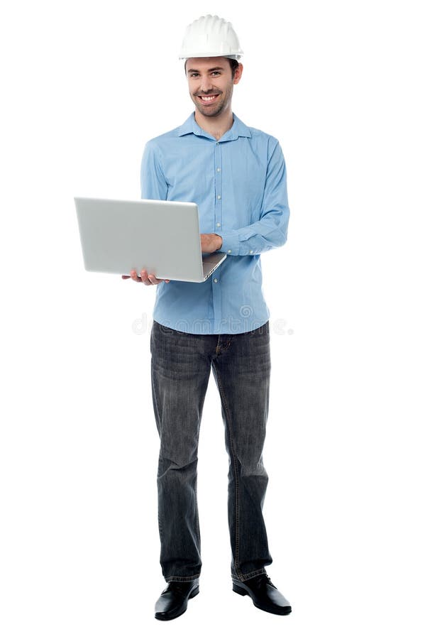 Cheeful Builder Surfing on His Laptop Stock Image - Image of interface ...