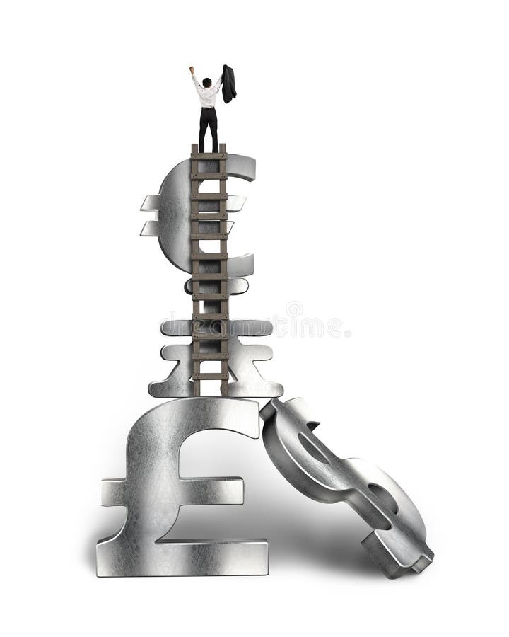 Cheered Businessman Standing on Top of Stack Money Symbols Stock ...