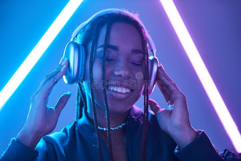 Cheerful African American Woman In Headphones Stock Image Image Of