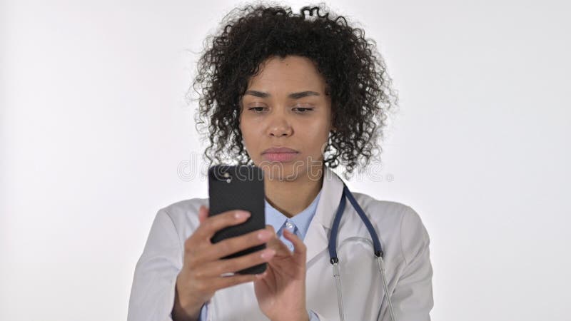 Cheerful African Female Doctor Doing Video Chat, White Background Stock ...