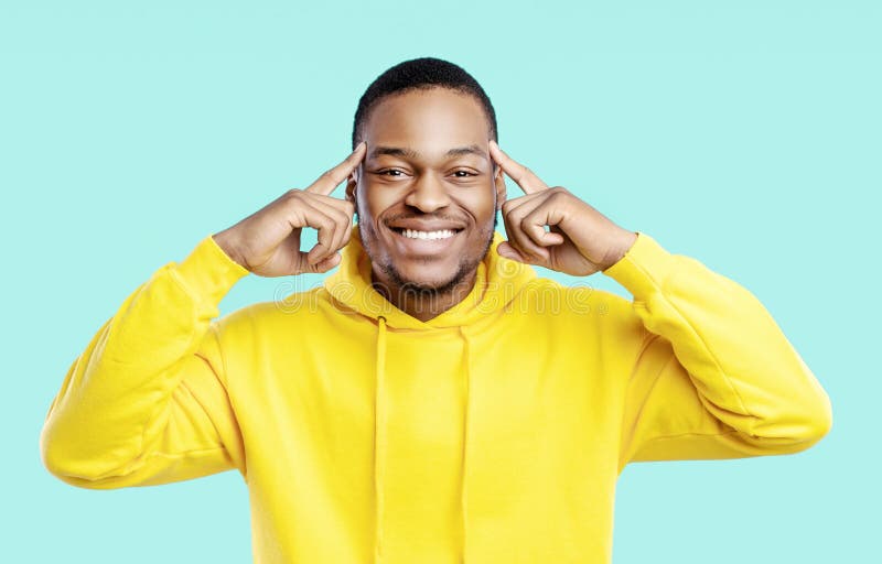 Cheerful African Man Pointing at Forehead Over Blue Background ...