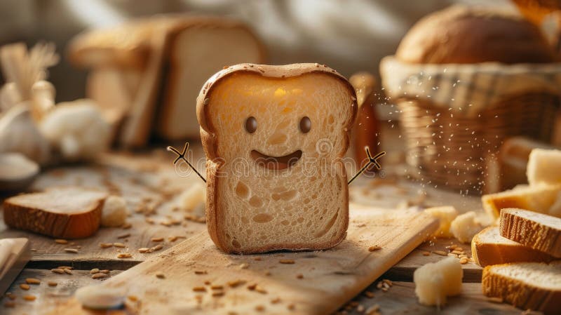 Cheerful Animated Bread Slice with Smiling Face on Chopping Board ...