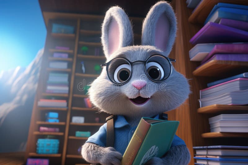Cheerful Animated Bunny with Glasses Holding a Book in Library Stock ...