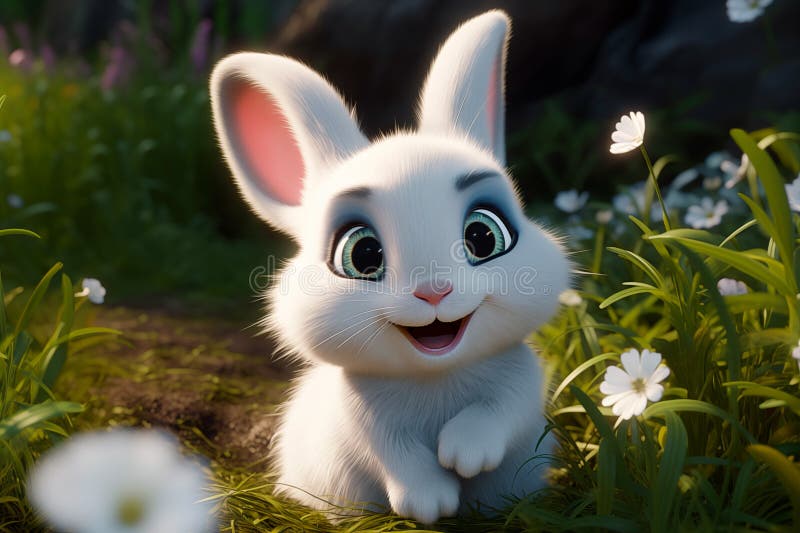 Cheerful Animated Bunny Sitting in a Sunny Meadow with Spring Flowers ...