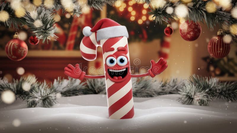 A Cheerful Animated Candy Cane Character Dressed As Santa, Surrounded ...