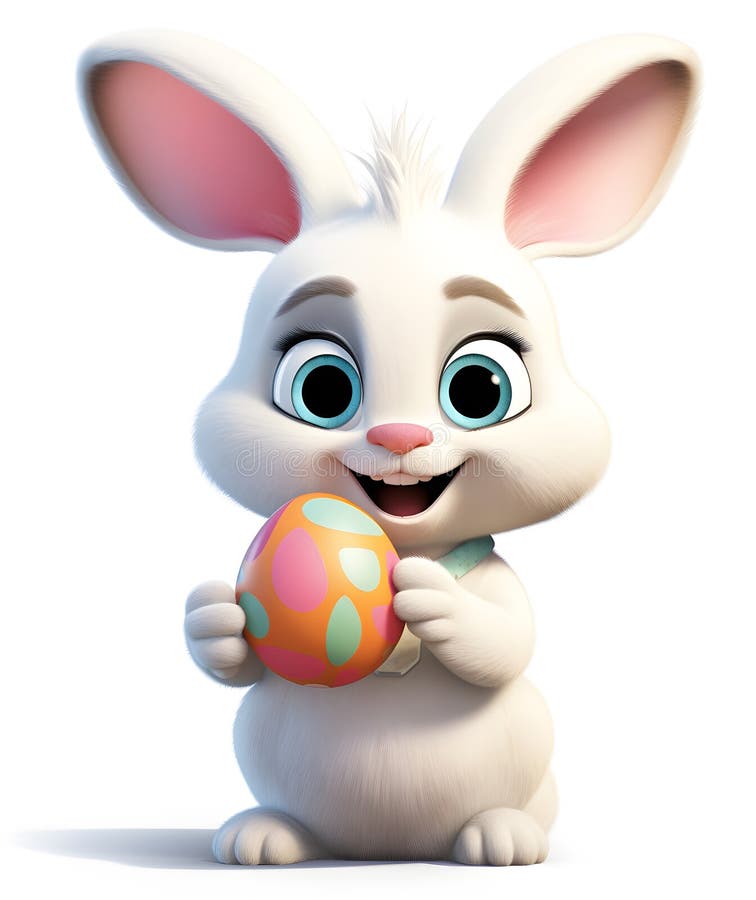 Joyful Cartoon Easter Bunny Holding a Colorful Egg on a White ...