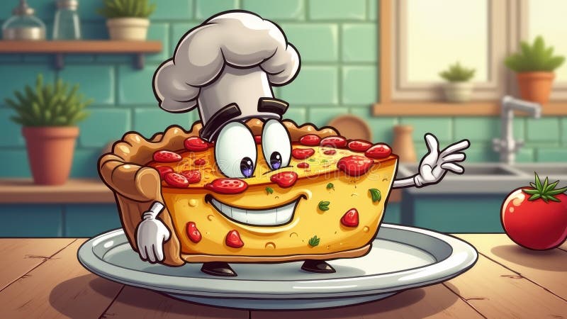 Cheerful Animated Pizza Slice Character with Chef Hat in Kitchen Stock ...