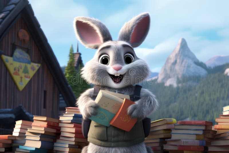Animated Rabbit with Books stock illustration. Illustration of engaging ...