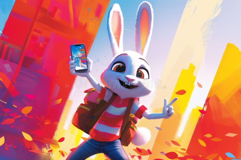 Cheerful Animated Rabbit with Smartphone Exploring the City. Generative ...