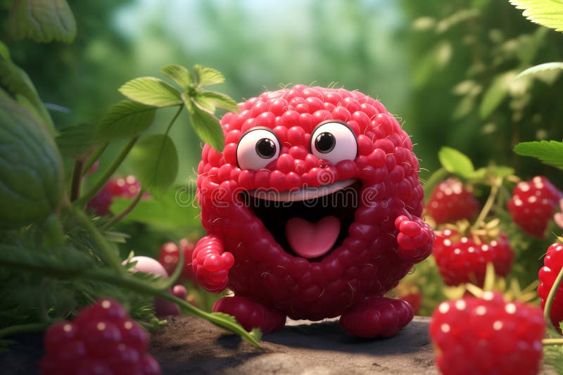 Cheerful Animated Red Raspberry with a Smile on Its Face among the ...