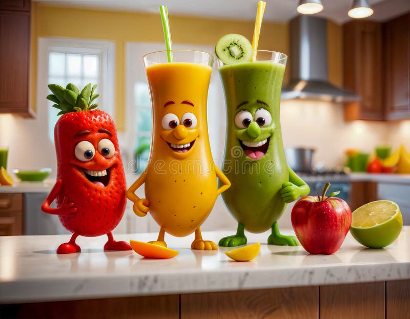 Cheerful Animated Smoothie Characters Stock Illustration - Illustration ...