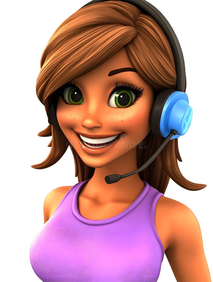 Cheerful Animated Woman with Headset Stock Illustration - Illustration ...