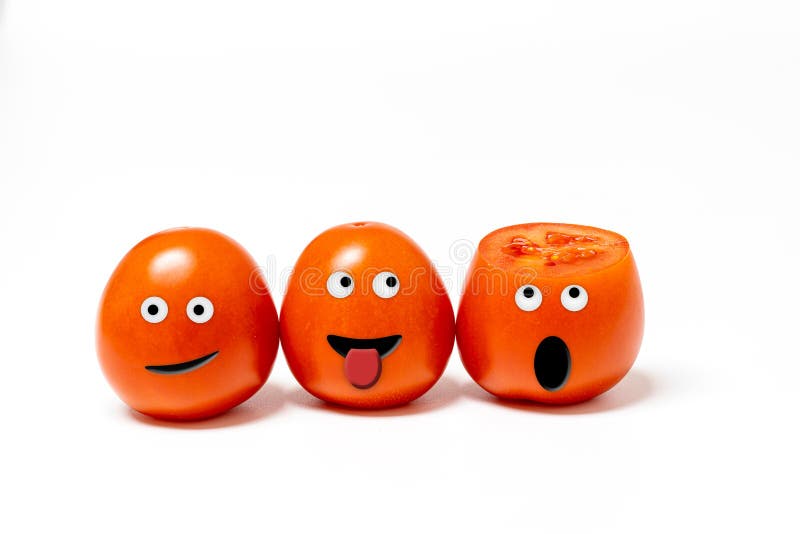 3 Cheerful Anthropomorphic Tomatoes with Expressive Faces on a White ...