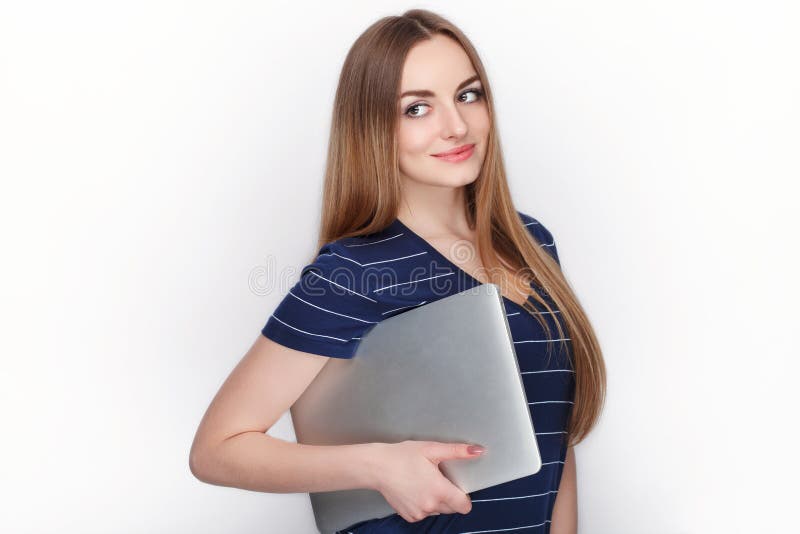 Cheerful Attractive Caucasian Blonde Woman with Using Slim Elegant ...