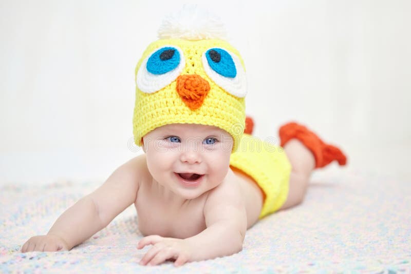 Cheerful Baby in Chicken Hat Stock Photo - Image of concept, funny ...