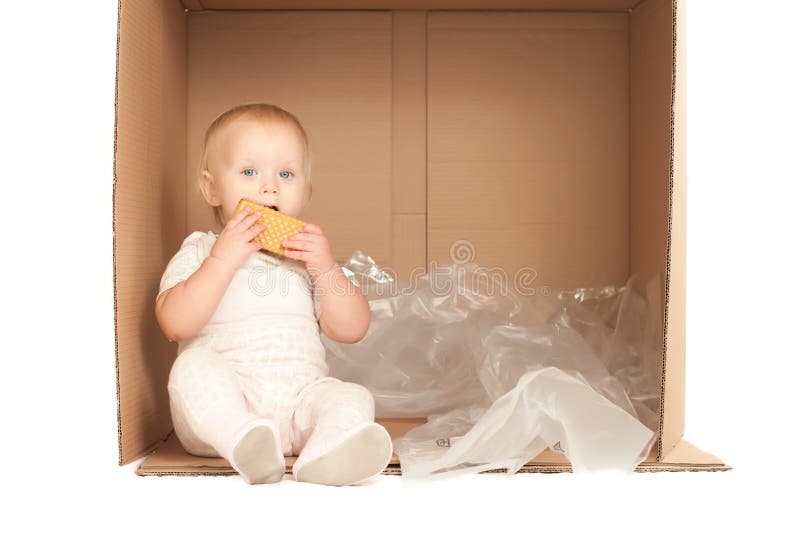 Cheerful Baby Sit in Box and Eat Cookie Stock Photo - Image of hand ...