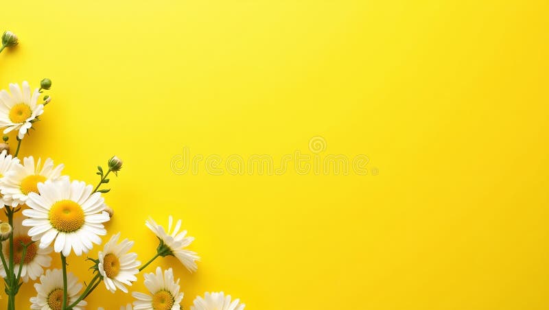 Cheerful Banner with Daisies on Sunny Yellow Background Stock ...