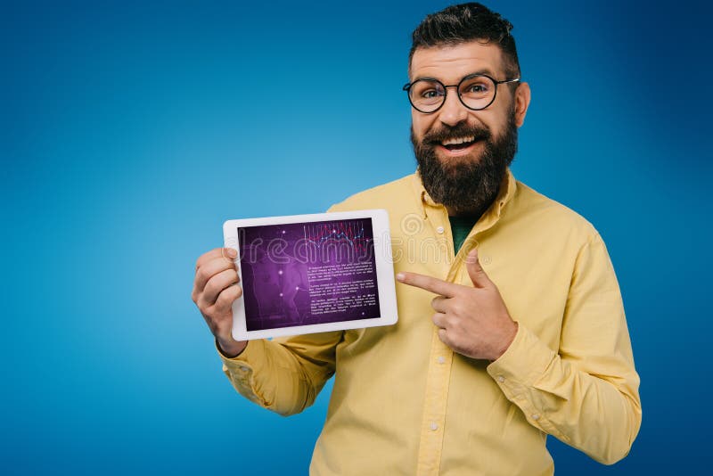 Cheerful Bearded Man Pointing at Digital Tablet with Infographic ...