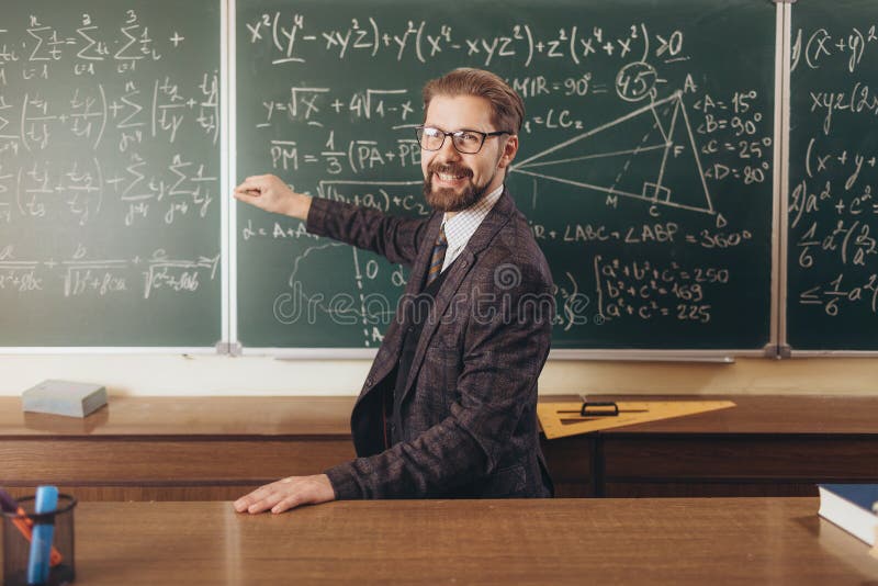 Cheerful Bearded Professor in Glasses Explaining the Formulas Stock ...