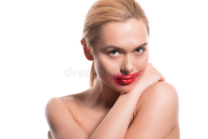 Cheerful Beautiful Woman with Smeared Red Lipstick on Face Looking at ... Cheerful Beautiful Woman with Smeared Red Lipstick on Face Looking at ...