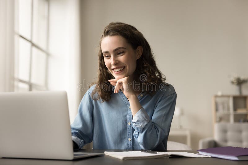 Cheerful Beautiful Young Freelancer Girl Working at Home Stock Image ...