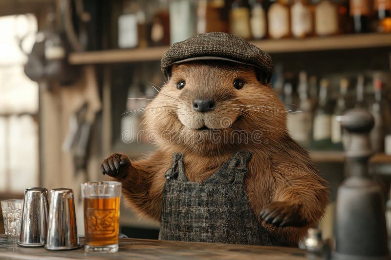 Cheerful Beaver Bartender Serving Drinks Pub Animal Illustration Cozy ...
