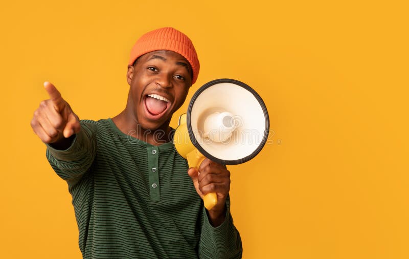 Cheerful Black Guy Shouting in Loudspeaker and Pointing at Camera Stock ...