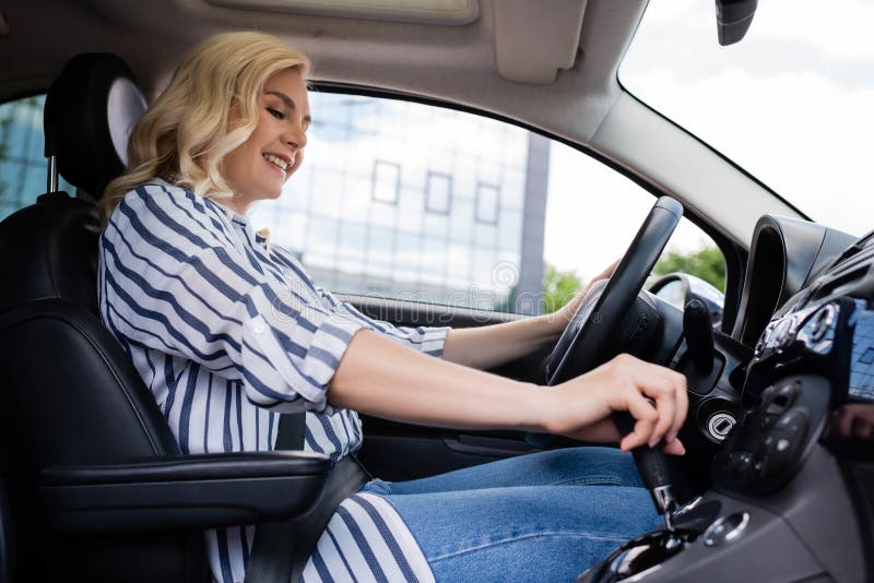 Cheerful Blonde Beginner Driving Car during Stock Image - Image of ...