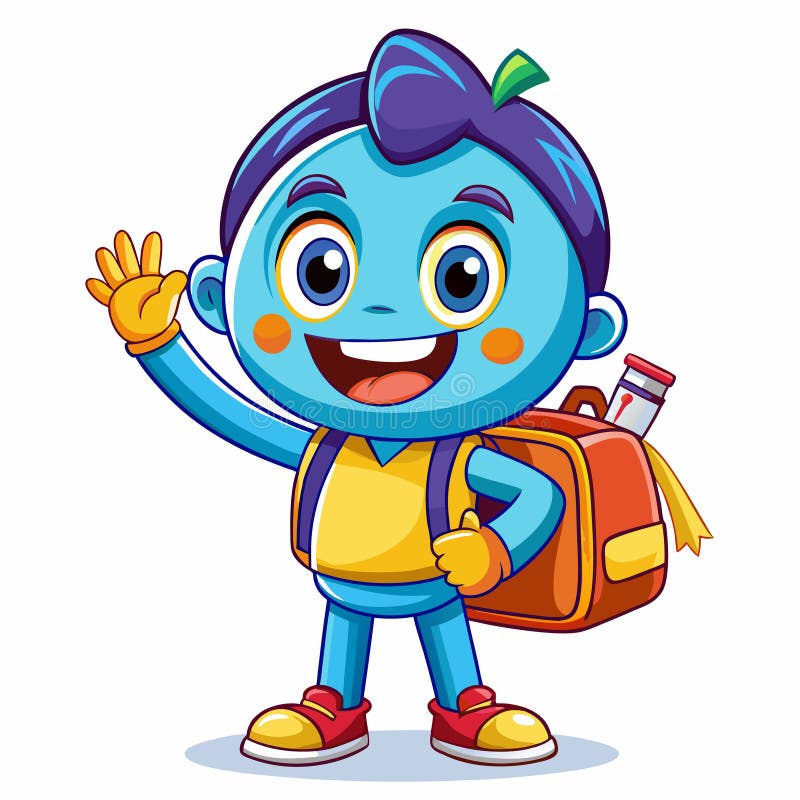A Cheerful Blue Cartoon Character with a Backpack Waves Hell Stock ...