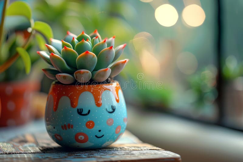 Cheerful Blue Ceramic Pot with Smiling Face Holding Succulent Plant ...
