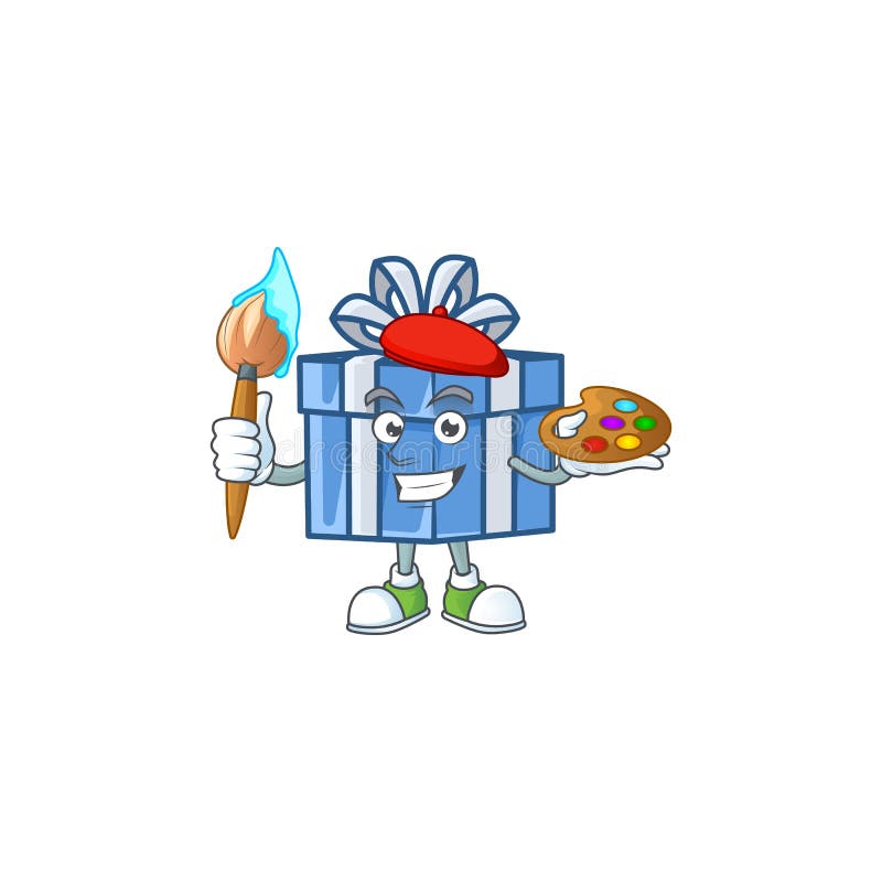 Cheerful Blue Gift Box Painter Cartoon Character with Brush Stock ...