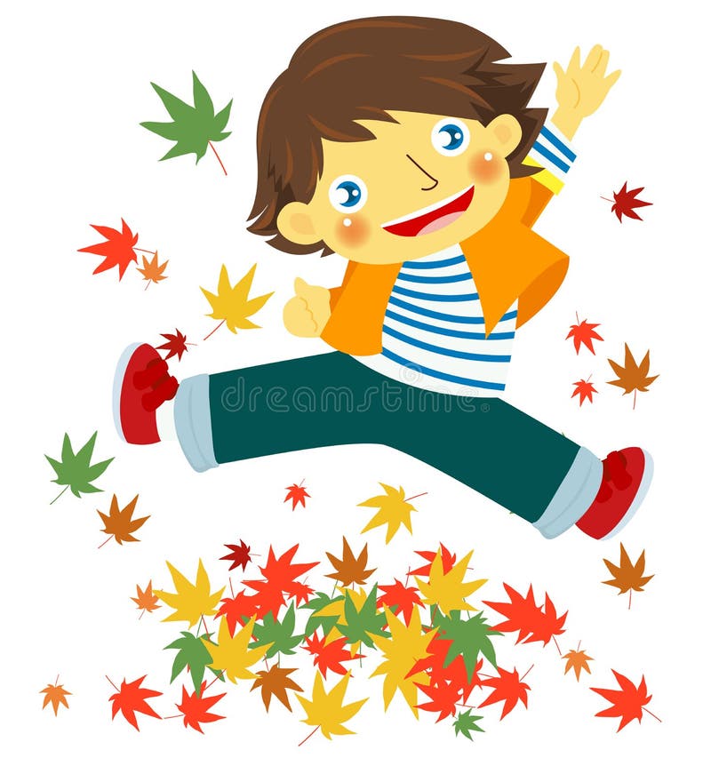 Cheerful Boy with Autumn Leaves Stock Vector - Illustration of walk ...