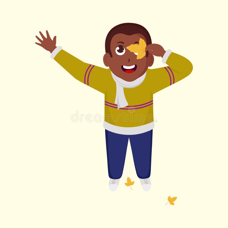 Cheerful Boy Covering One Eye with an Autumn Leaf on Beige Stock ...