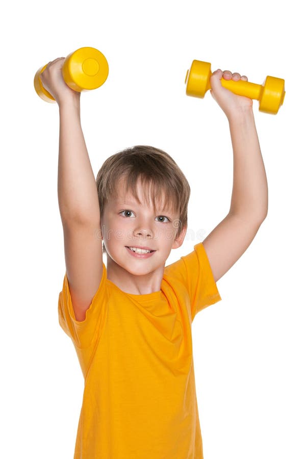 Cheerful Boy Do Exercises with Dumbbells Stock Photo - Image of person ...