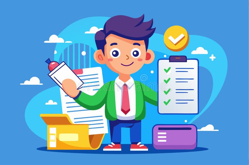 A Cheerful Boy Holds a Printed Invoice while Checking a Clipboard with ...