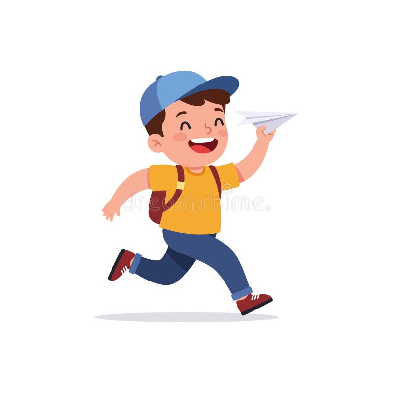 Cheerful Boy Running Joyfully while Throwing a Paper Airplane in a Flat ...