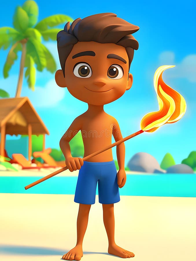 Cheerful Boy with a Torch at the Beach Stock Illustration ...