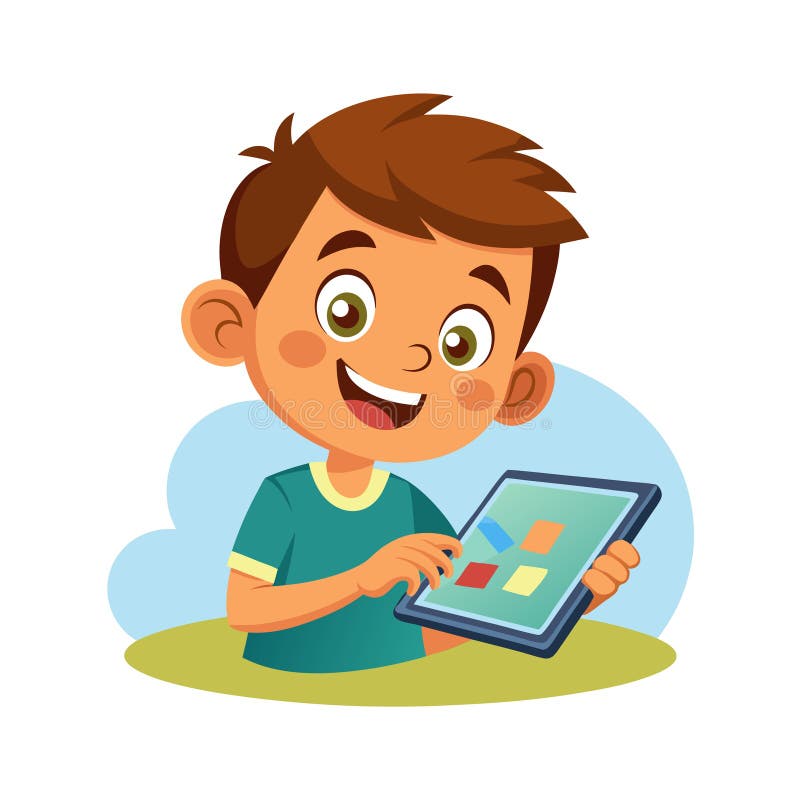 Boy Using Tablet Cartoon Illustration - Learning, Entertainment, and ...