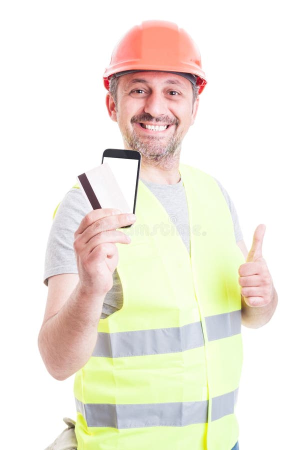 Cheerful Builder Paying with Credit Card Stock Image - Image of concept ...