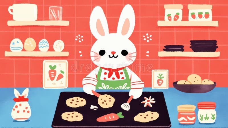 Cheerful Bunny Chef Baking Easter Themed Cookies in Bright Kitchen ...