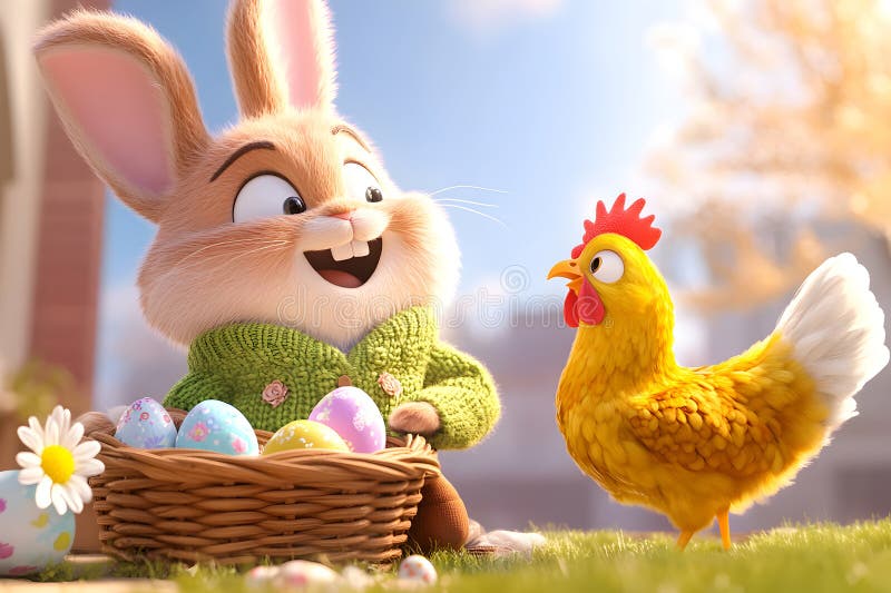 Cheerful Bunny and Chicken with Easter Eggs in Sunny Garden Scene Stock ...