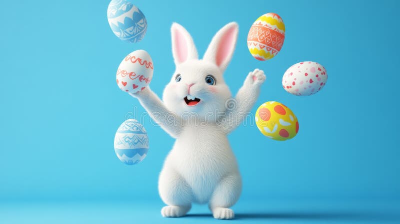 Cute Animated Bunny Joyfully Juggling Colorful Easter Eggs Against a ...