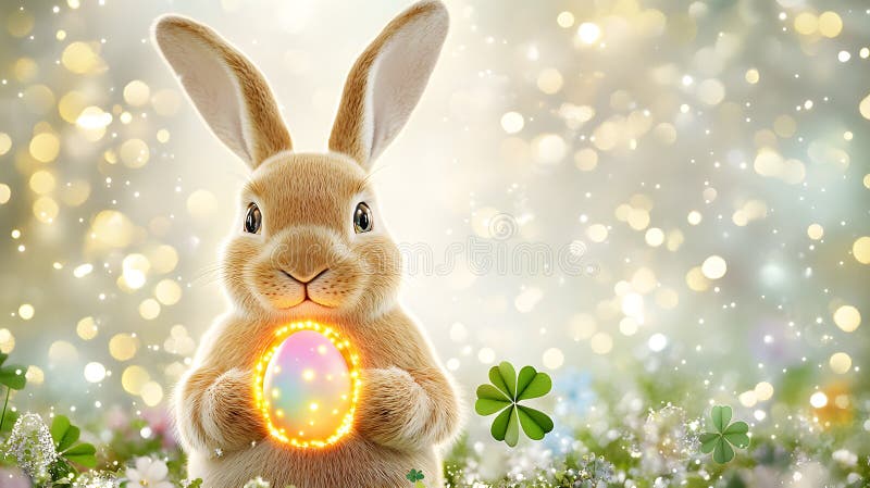 Cheerful Bunny Holding Glowing Easter Egg in Festive Spring Setting ...