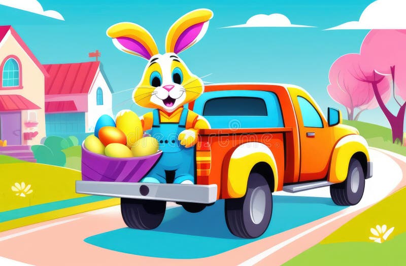 A Cheerful Bunny Rides in the Back of a Van with Easter Eggs in a ...